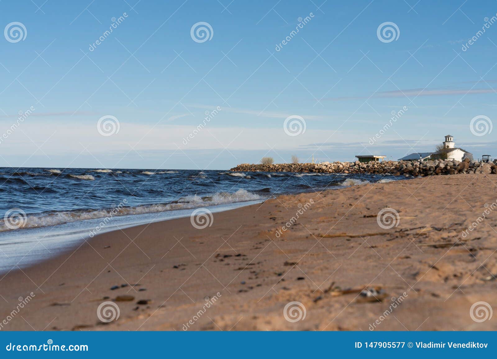 Dramatic Seascape Waves on the Sea with Sandy Beach and Stone ...