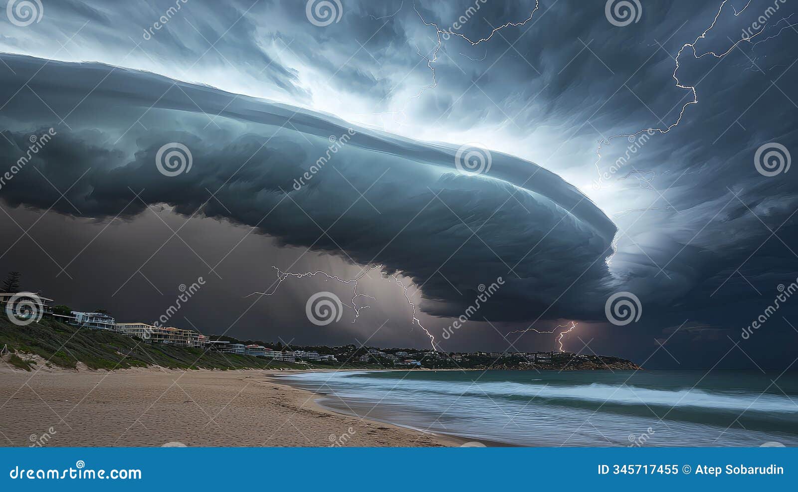 Dramatic Shelf Cloud Over Beach with Lightning Strikes Stock Image ...