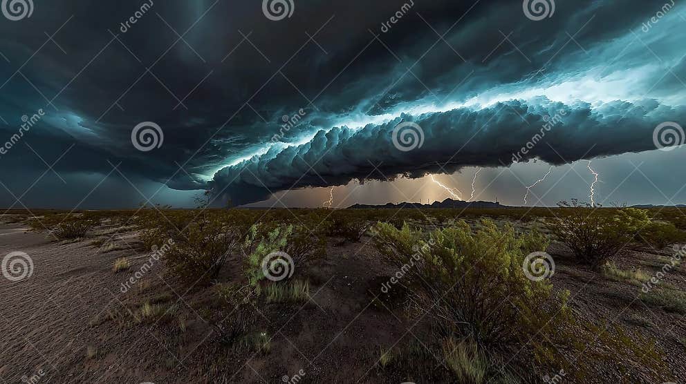 Dramatic Shelf Cloud Over Desert Landscape with Lightning Strikes Stock ...