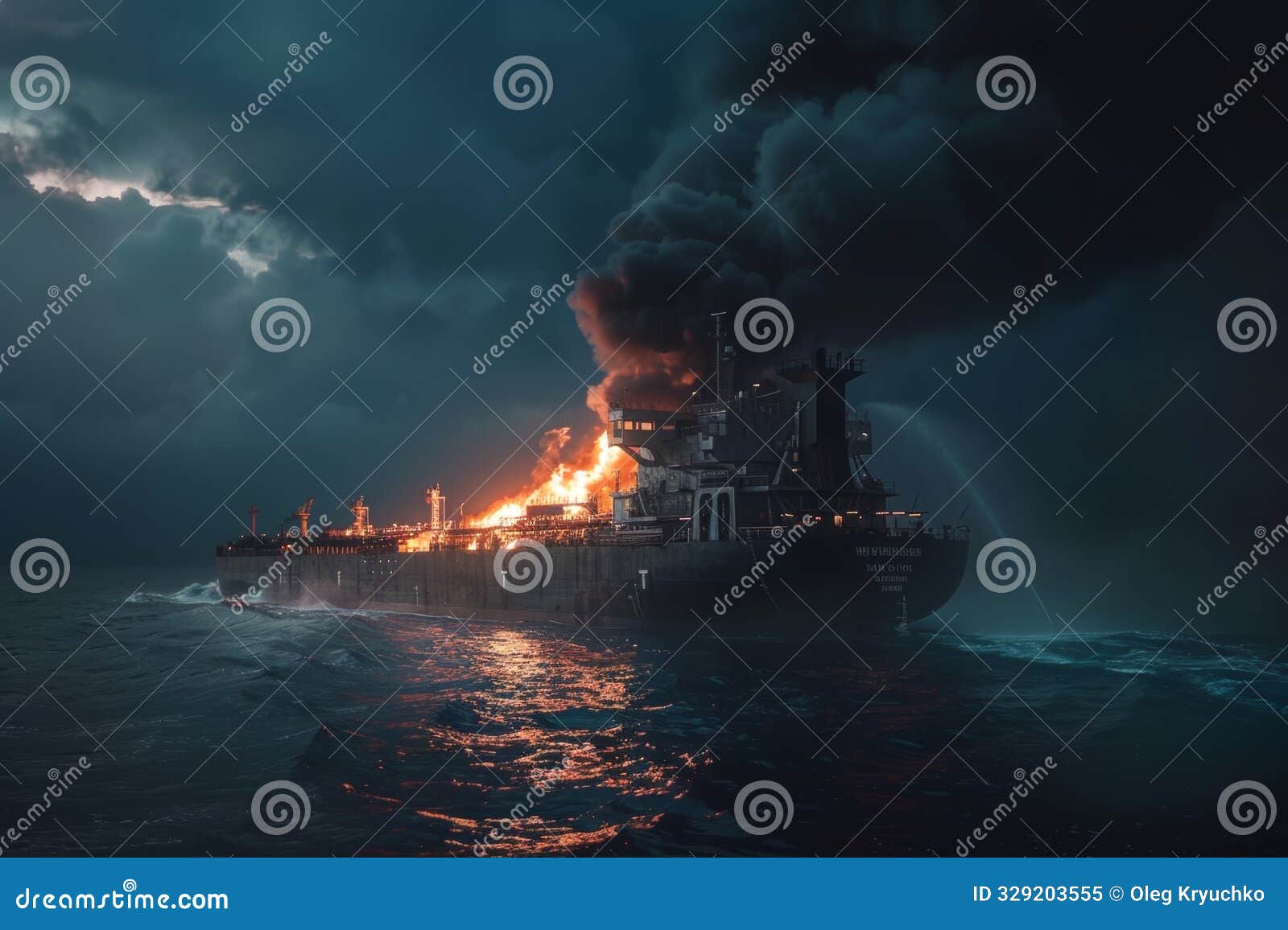 Dramatic Ship Fire at Night on the Sea with Dark Clouds and Large ...