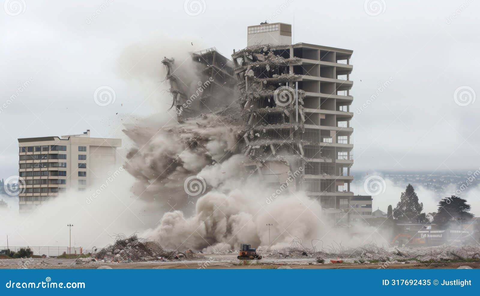 In a Dramatic Shot the Buildings Facade Collapses in a Cloud of Dust ...