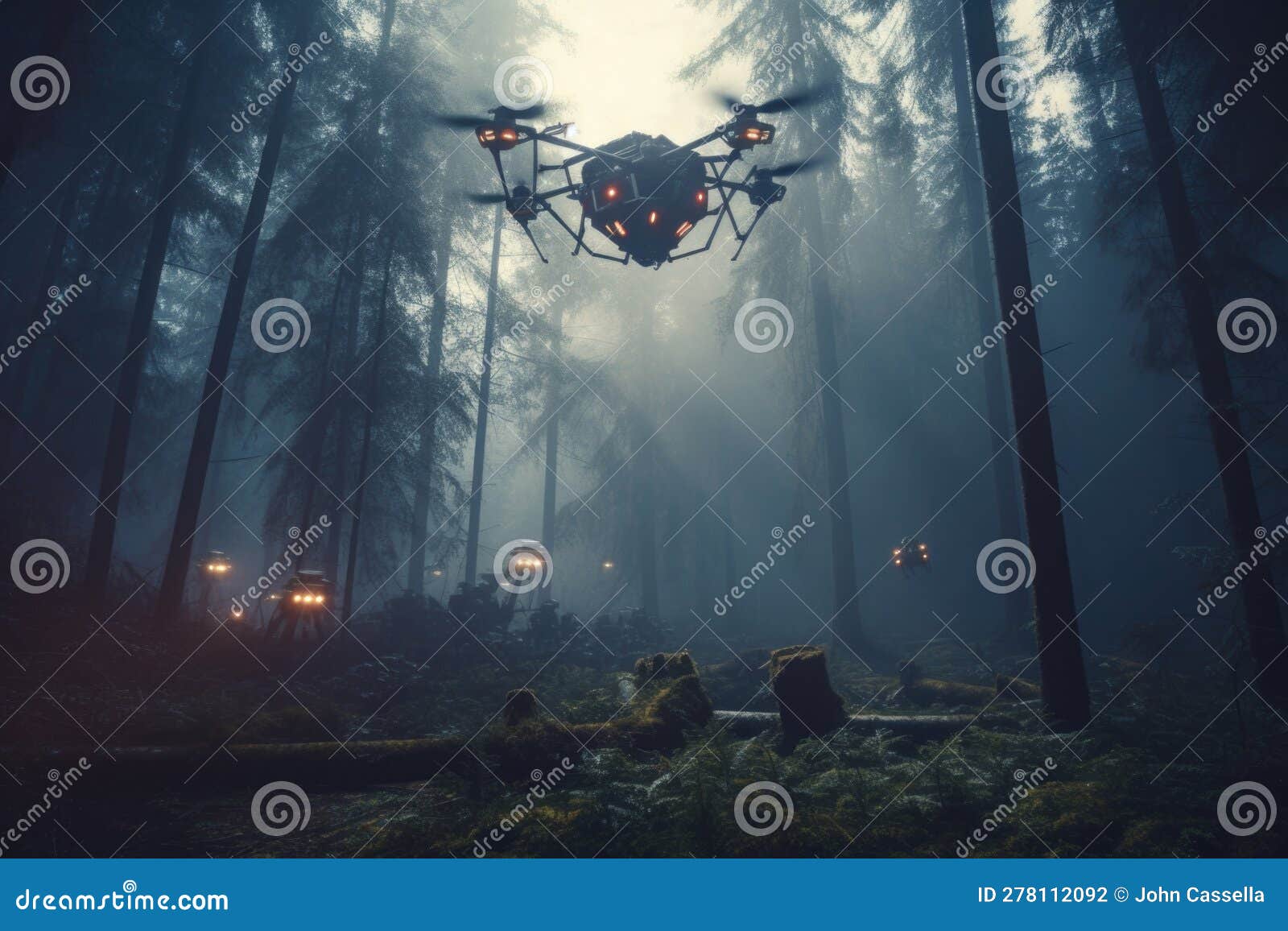 Killer Drone Cluster Flying in Forest Stock Illustration - Illustration ...