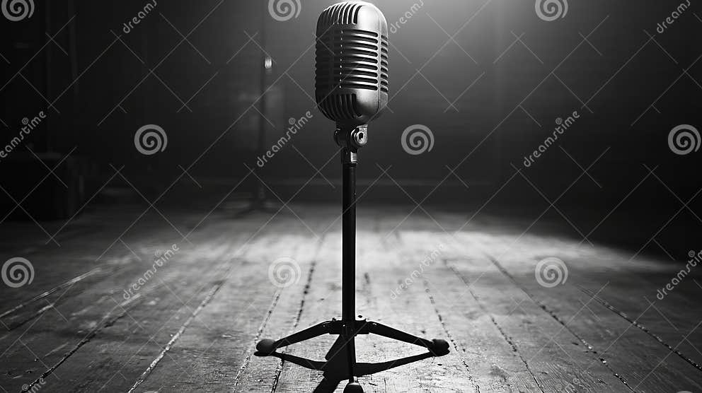 Dramatic Single Microphone on Stand Under Spotlight for Memorable ...