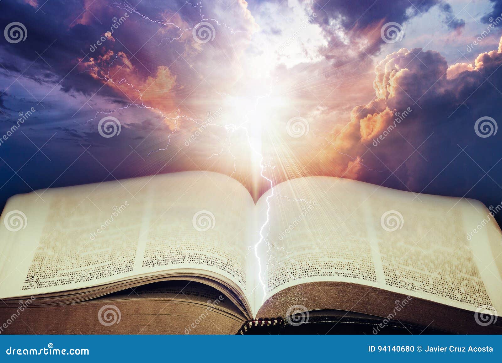 Dramatic Sky with Open Bible Stock Photo - Image of dramatic, lightning ...