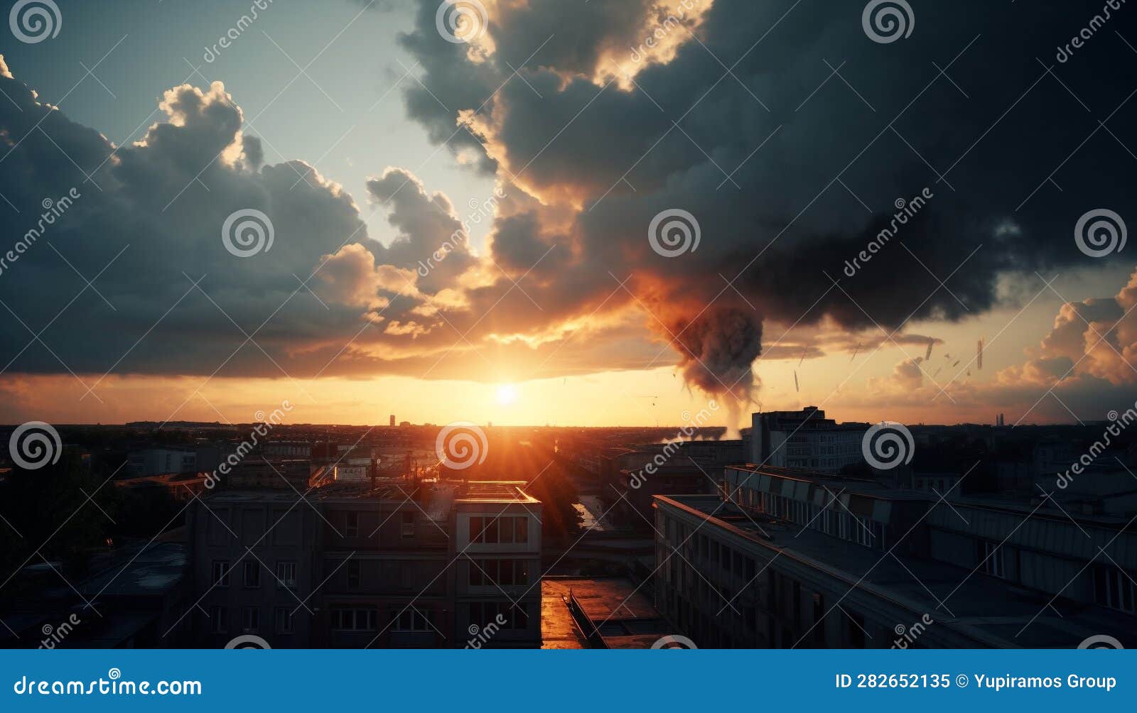 Dramatic Sky Over Urban Skyline, Smoke and Pollution Fill Atmosphere ...