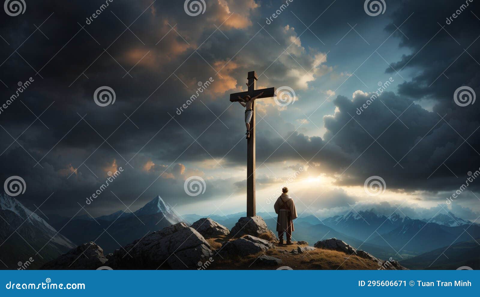 Dramatic Sky Scenery with a Mountain Cross and a Praying Pilgrim Stock ...