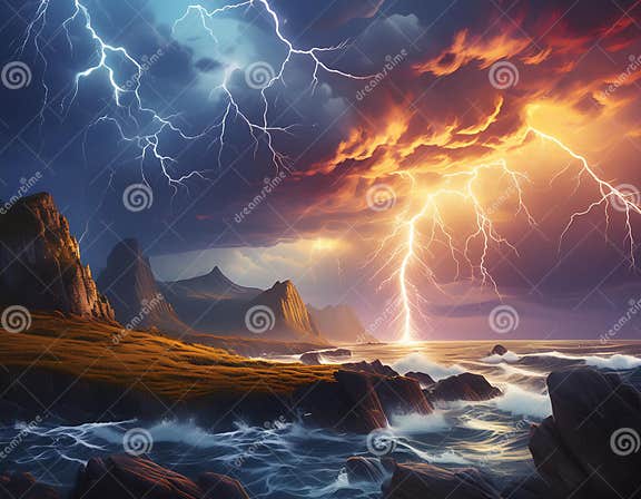 Dramatic Sky, Split Lightning Danger, Natural Power Released Outdoors ...