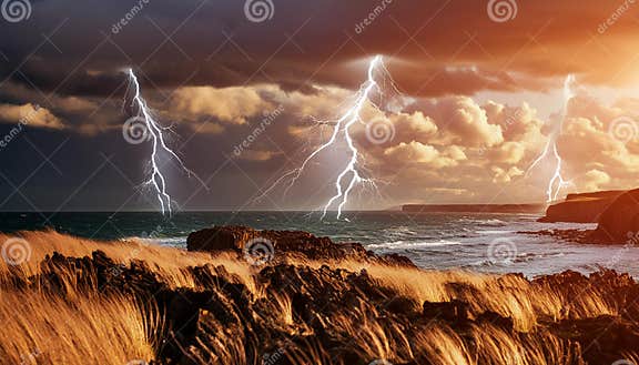 Dramatic Sky, Split Lightning Danger, Natural Power Released Outdoors ...