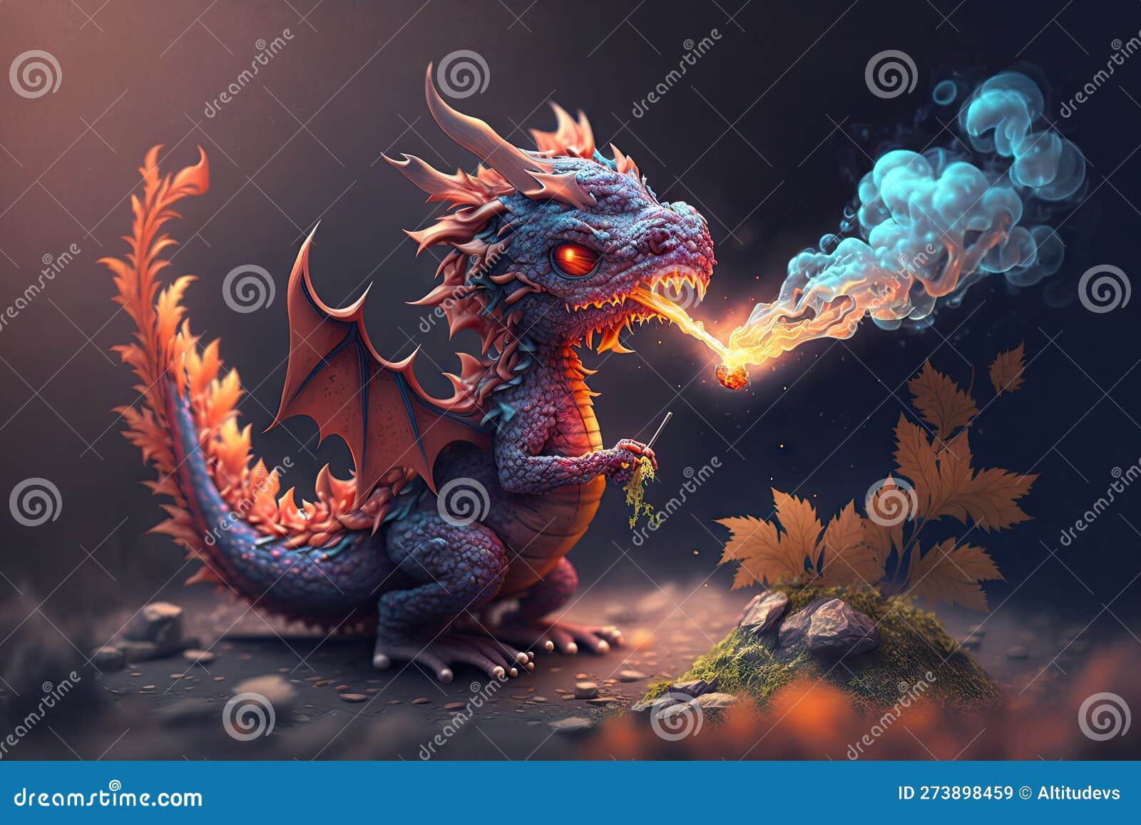 Dramatic Smoke and Fire Effect Around Cute Little Dragon Stock Image ...