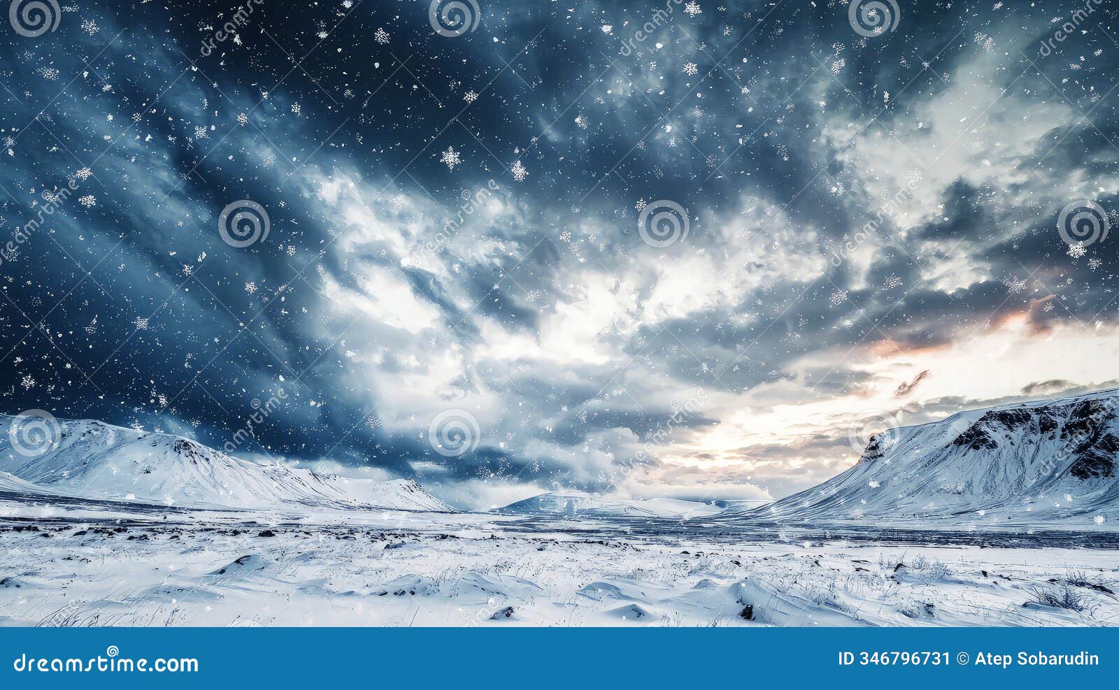 Dramatic Snowy Landscape at Sunset, with Dark Clouds and Falling Snow ...