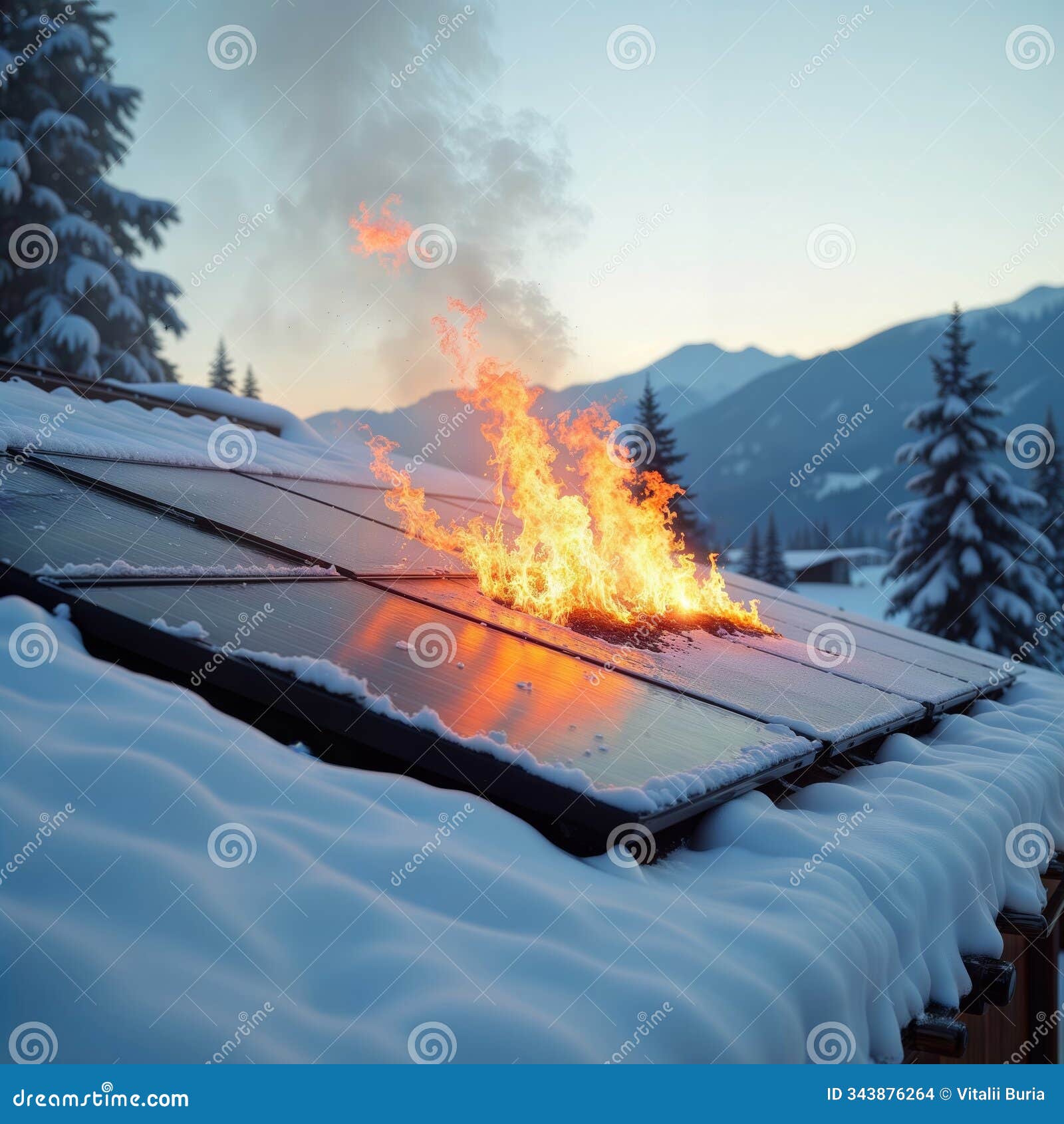 Dramatic Solar Panel Fire on a Snow-Covered Roof, Generative Ai Stock ...