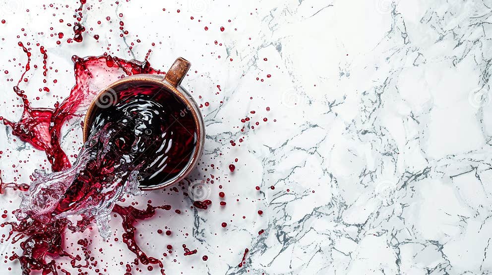 Dramatic Splashes of Red Wine Explode from a Brown Ceramic Mug, Top ...