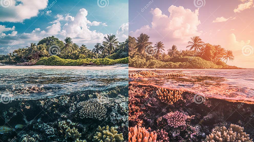 A Dramatic Split Image Showing a Healthy Coral Reef Juxtaposed with a ...