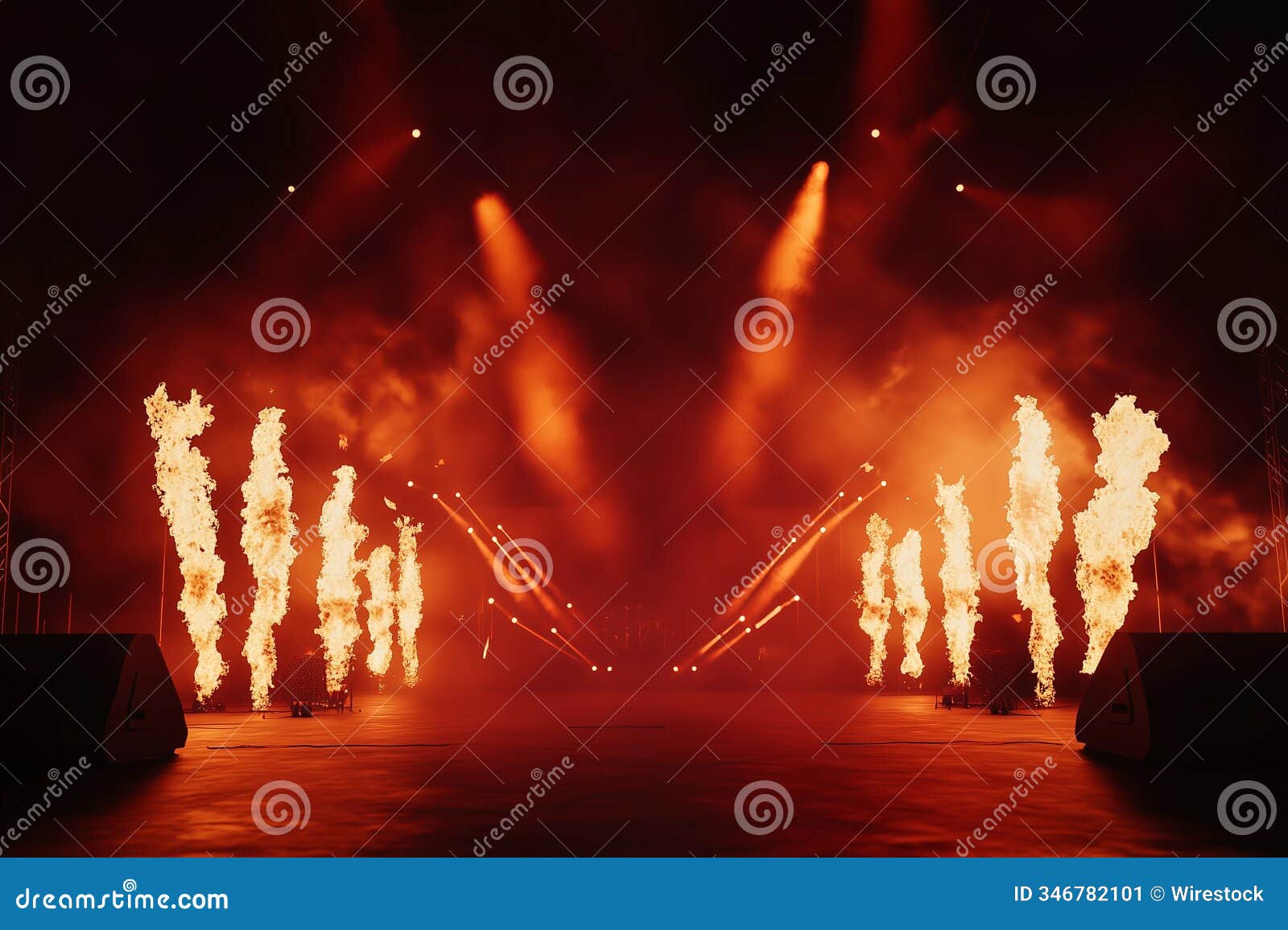 Dramatic Stage Setup with Fiery Pyrotechnics and Vibrant Lighting Stock ...