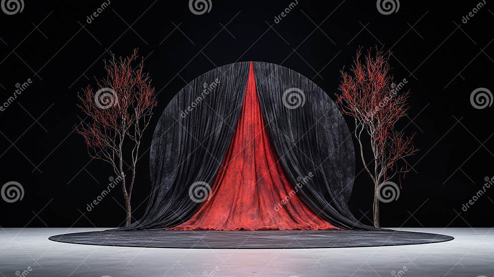 Dramatic Stage Setup with Red and Black Fabric Trees Isolated on Black ...