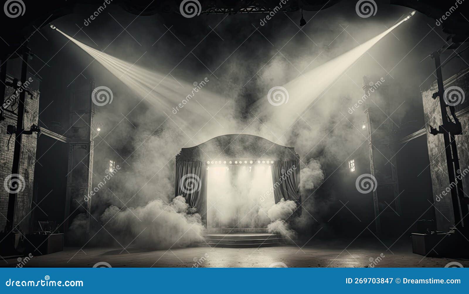 Dramatic Stage with Spotlights and Smoke. Empty Interior with Shining ...
