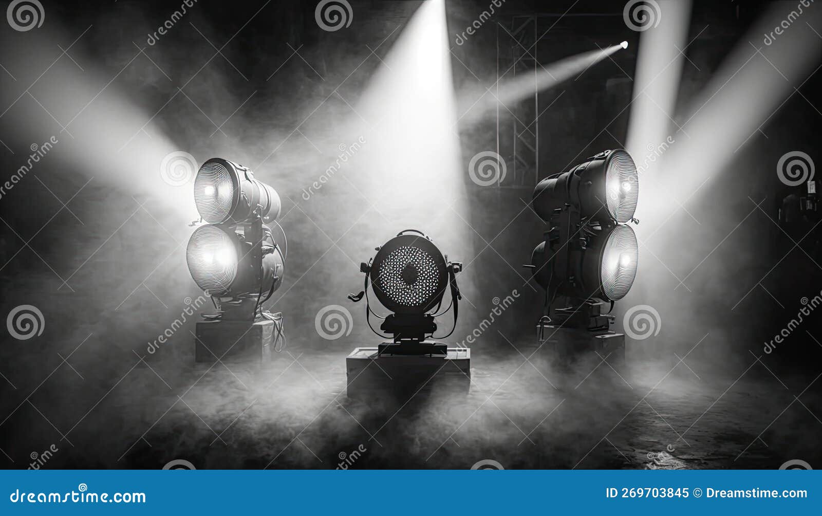 Dramatic Stage with Spotlights and Smoke. Empty Interior with Shining ...