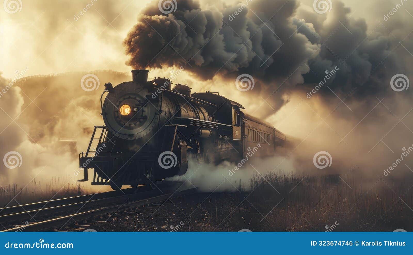 Dramatic Steam Locomotive With Glowing Headlights Rushing Through Dense ...