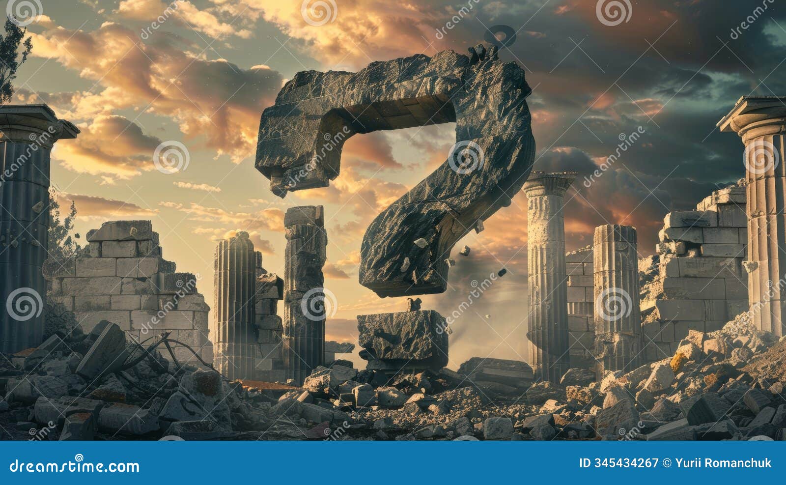Dramatic Stone Question Mark Breaking through Ancient Columns with ...