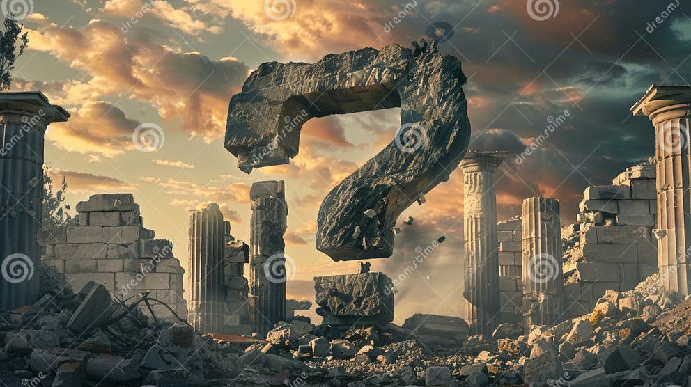Dramatic Stone Question Mark Breaking through Ancient Columns with ...