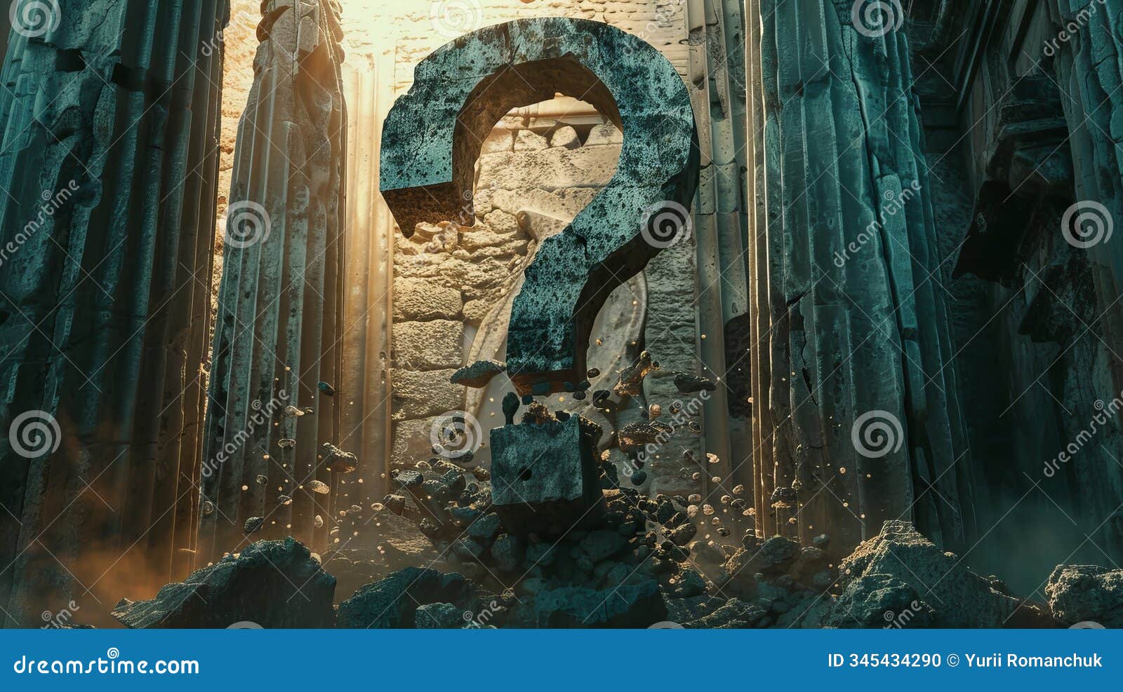 Dramatic Stone Question Mark Breaking through Ancient Columns with ...