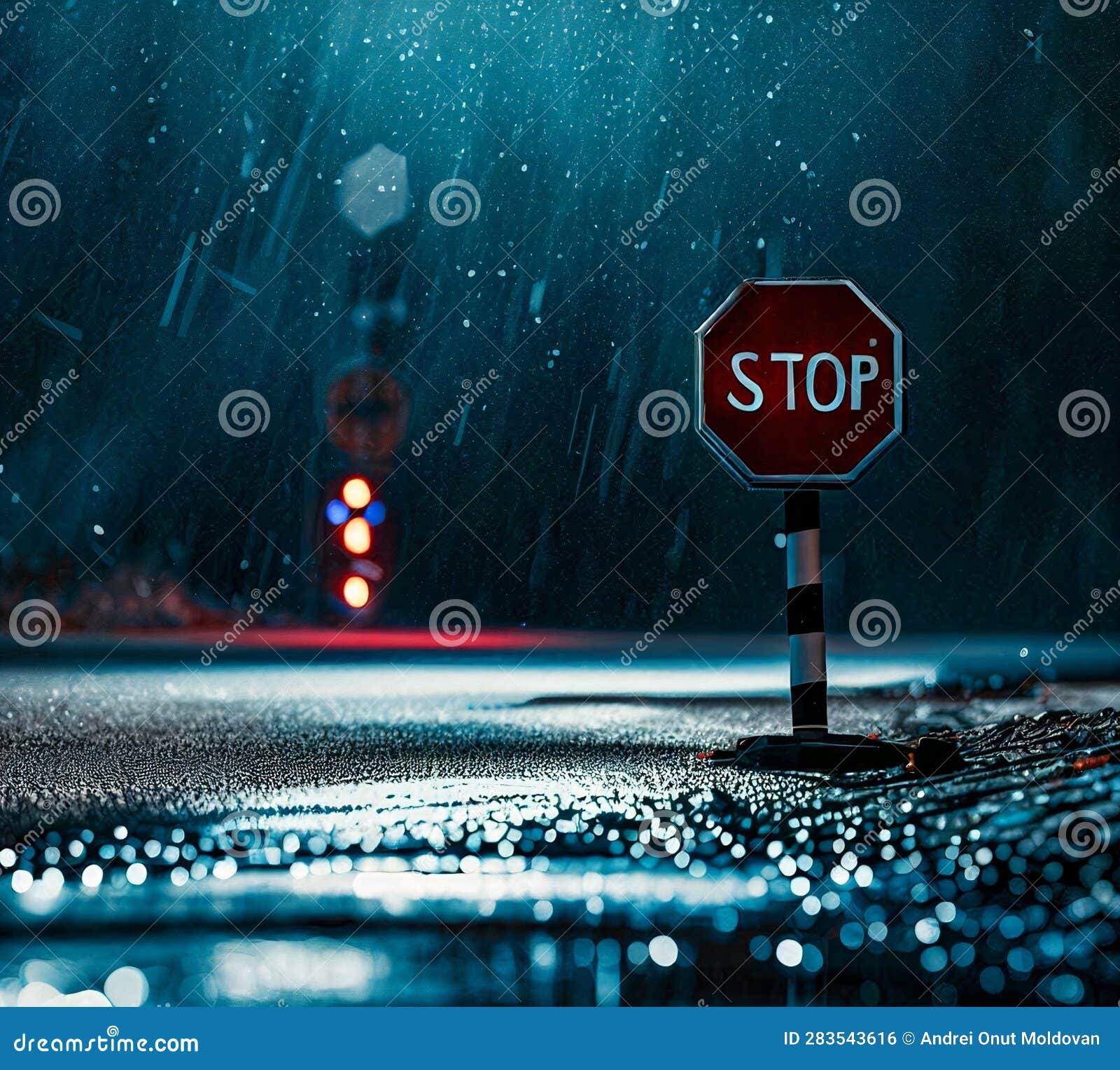 Dramatic Stop Sign Seen from the Car in a Rainy Night Stock Photo ...
