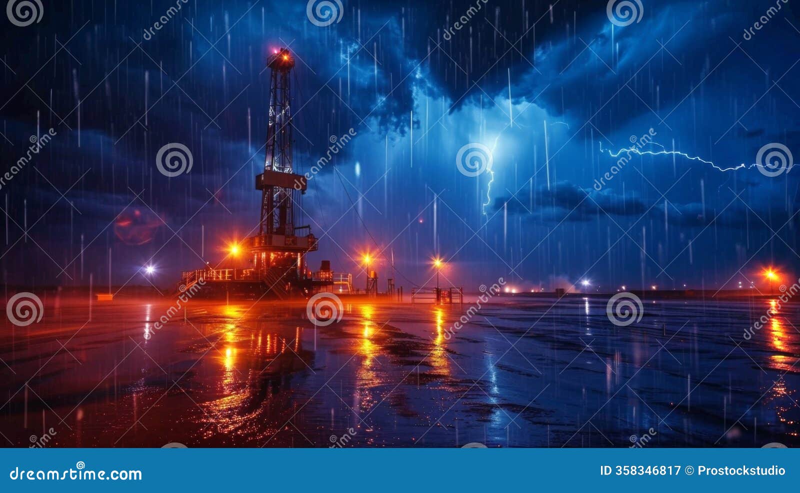 Dramatic Storm Approaching Oil Rig Under Dark Clouds and Lightning at ...