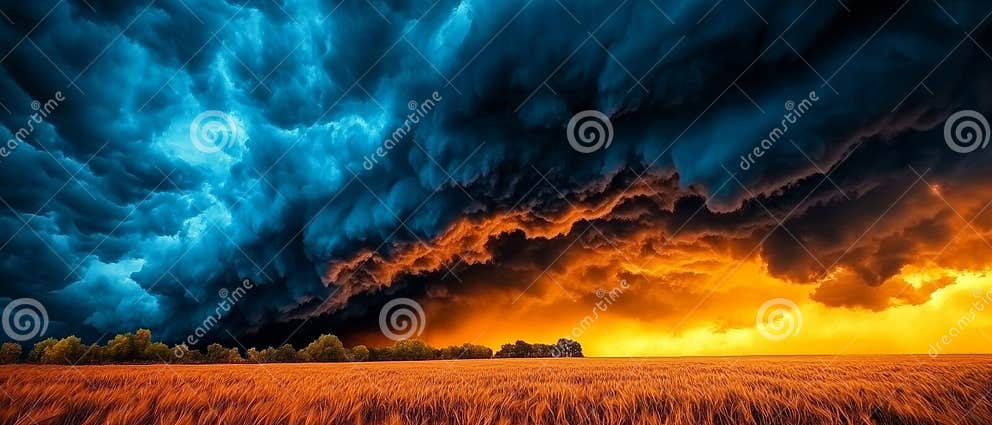 Dramatic Storm Clouds Over Vibrant Wheat Field at Sunset Stock Photo ...