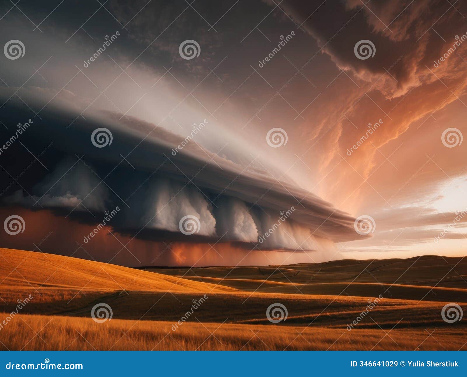 Dramatic Storm Clouds Rolling Over Golden Grasslands at Sunset. Stock ...