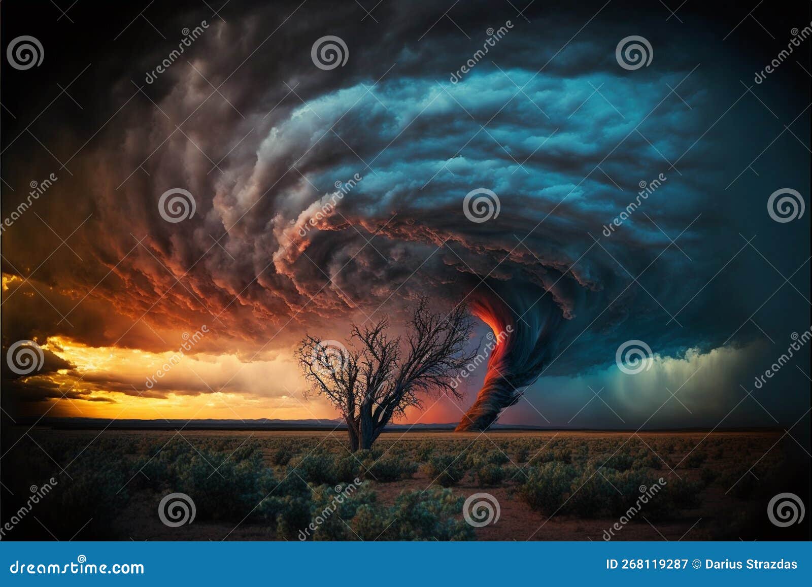 A Dramatic Storm at Sunset Producing a Powerful Tornado. Little House ...