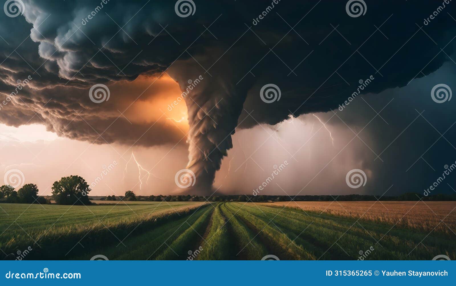 A Dramatic Storm at Sunset Producing a Powerful Tornado Twisting ...