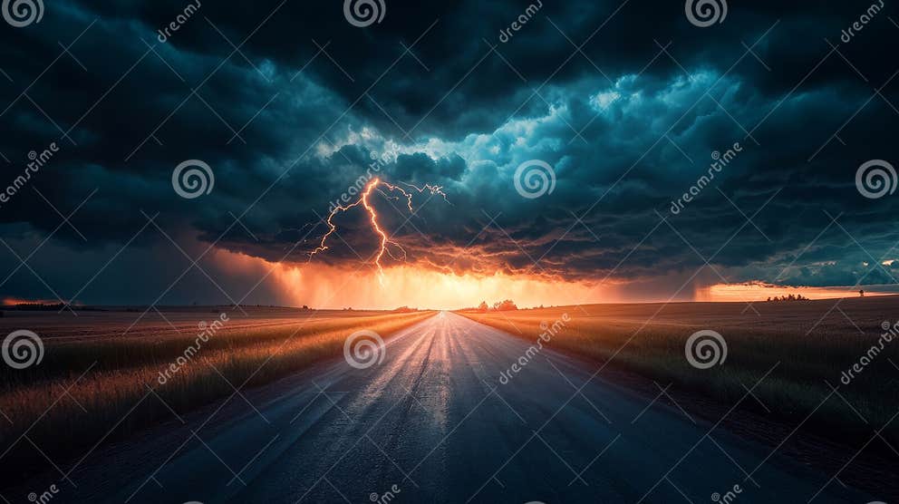 Dramatic Stormy Road with Lightning in the Distance and Dark Clouds ...