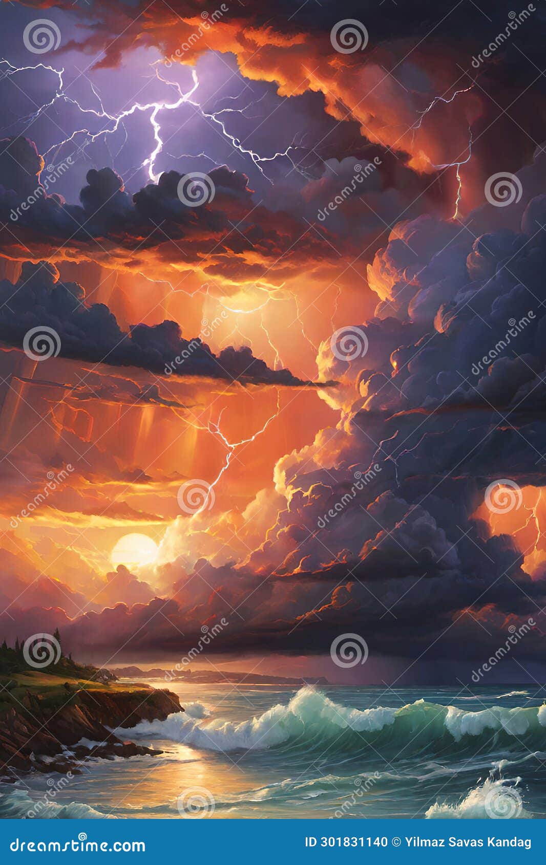 Dramatic Stormy Sky With Lightning.Dramatic Stormy Sky Over Ocean At Sunset. Stock Photo ...