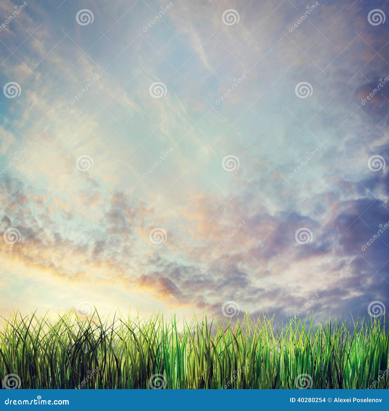 Dramatic Summer Landscape with Sunset Cloudy Sky and Grass Stock Photo ...