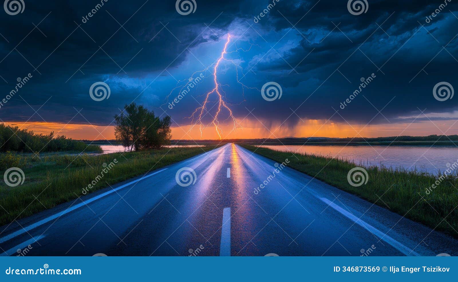 Dramatic Summer Storm Blue Lightning Above A Wet Road At Sunset With ...
