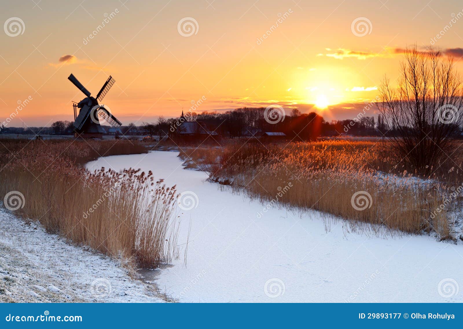 Sunrise by Windmill in Winter Stock Image - Image of horizon, frozen ...