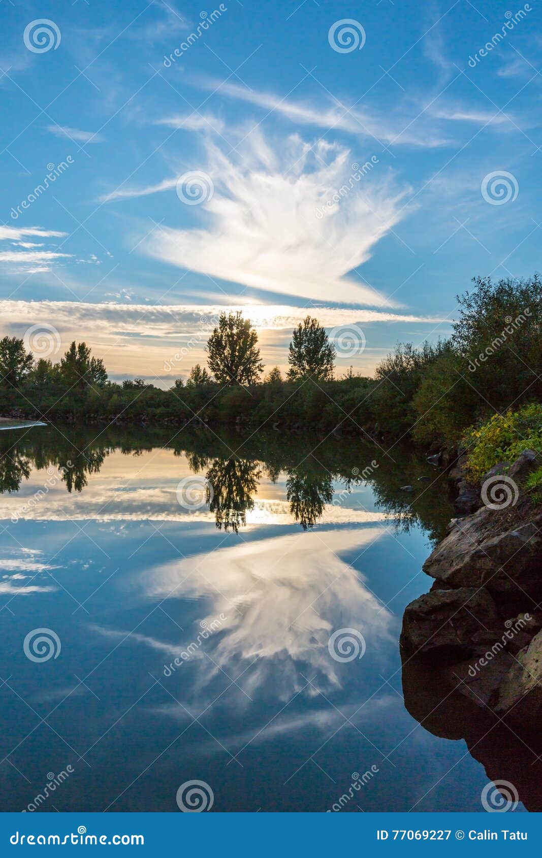 Dramatic Sunrise on Tranquil Lake with Reflections Trees Stock Image ...