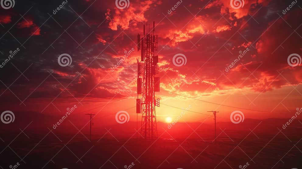 A Dramatic Sunset Behind a 5G Tower Its Silhouette Casting Long Shadows ...