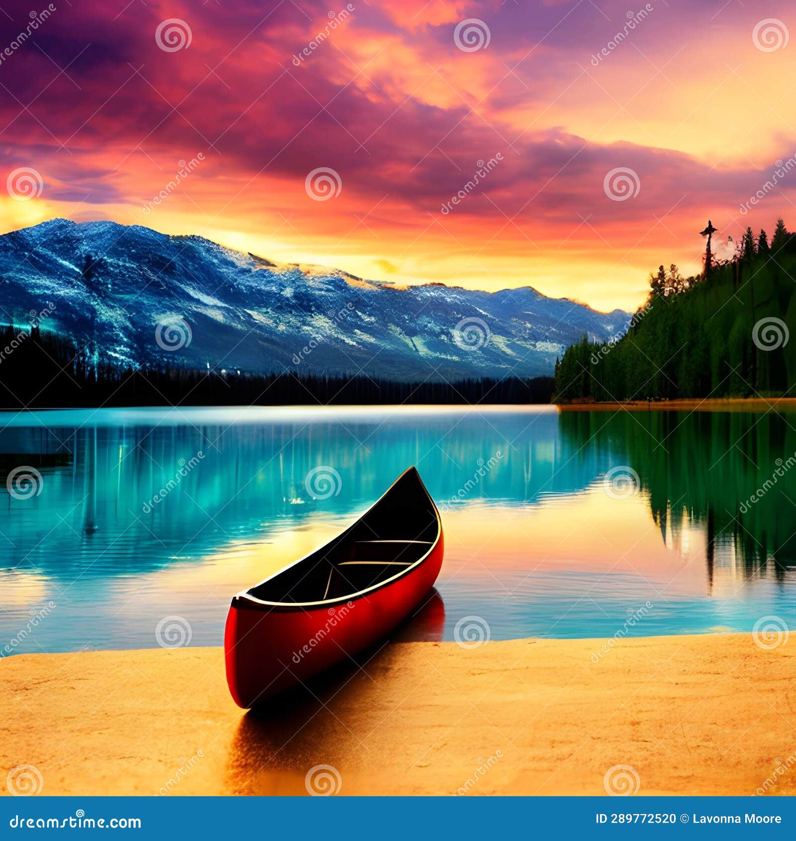Dramatic Sunset with a Canoe by the Shore of a Lake Stock Illustration ...