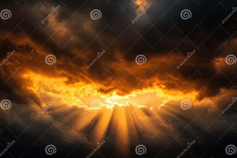 Dramatic Sunset with Golden Rays Breaking through Dark Storm Clouds Stock Image - Image of ...