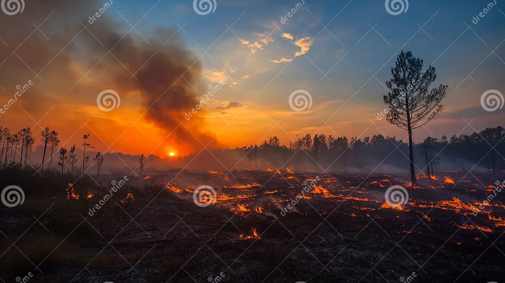 Dramatic Sunset Over a Charred Forest after Wildfire Devastation Stock ...
