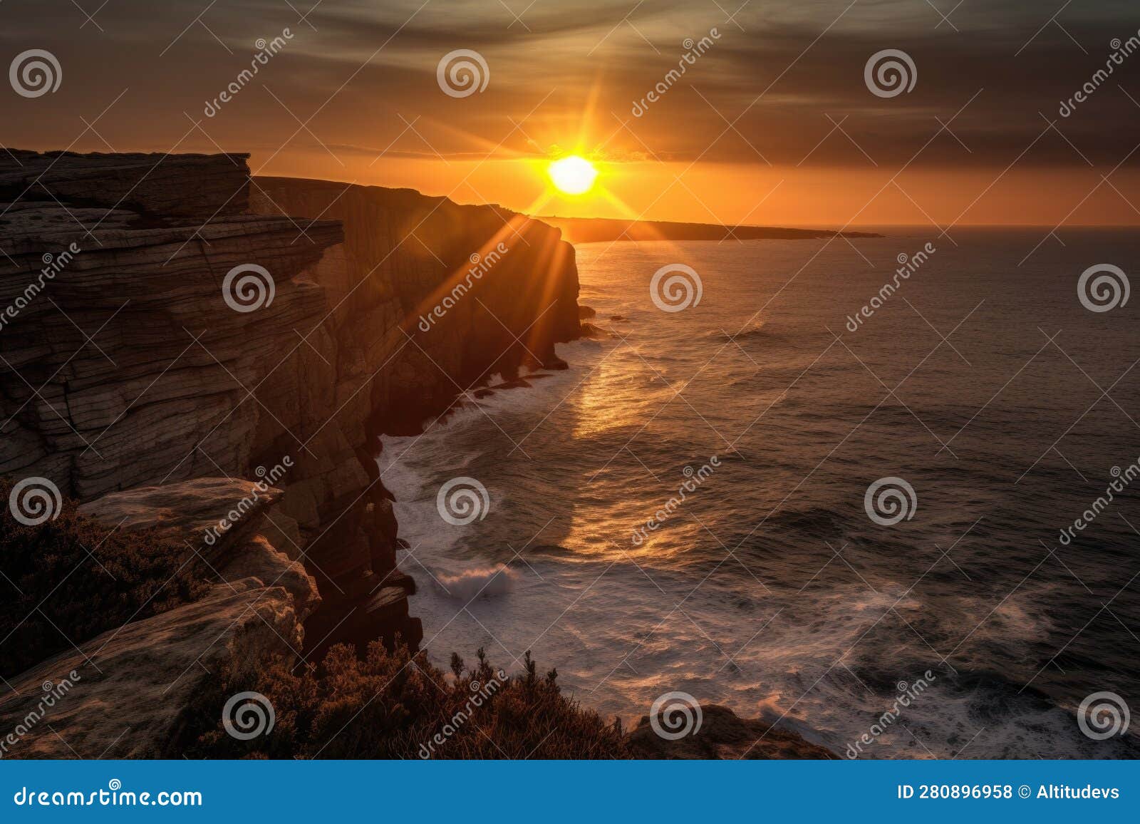 Dramatic Sunset Over Coastal Cliffs, with the Sun Disappearing into the ...