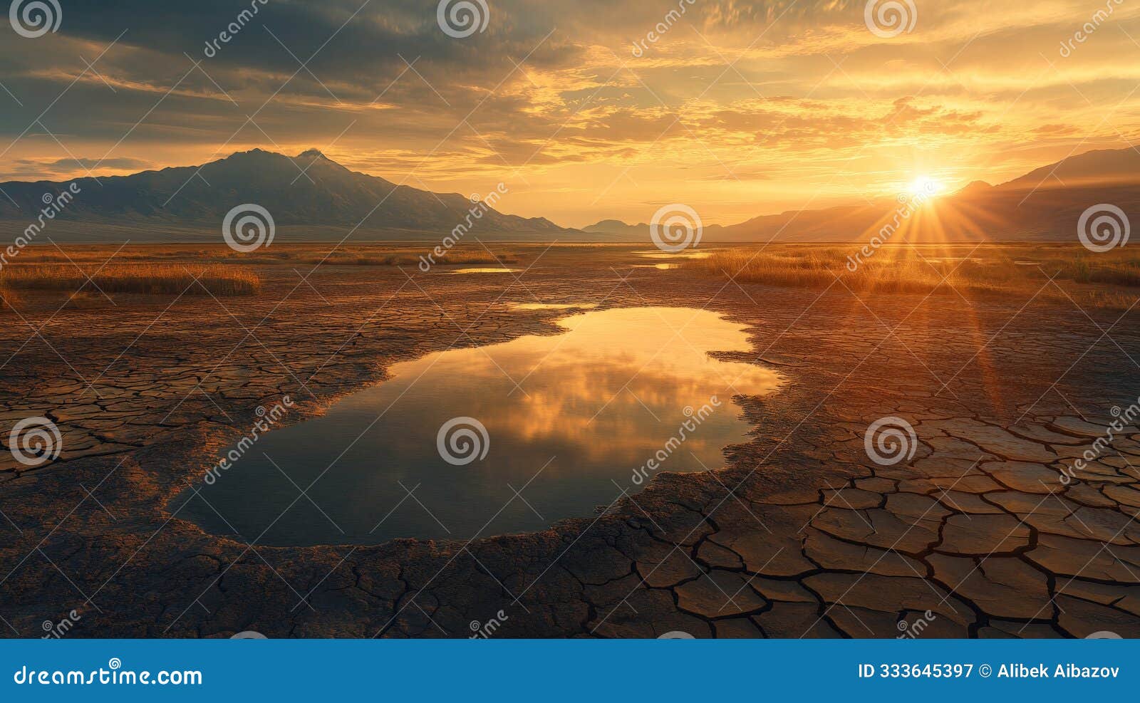 Dramatic Sunset Over Drought-Affected Desert Landscape with Cracked ...