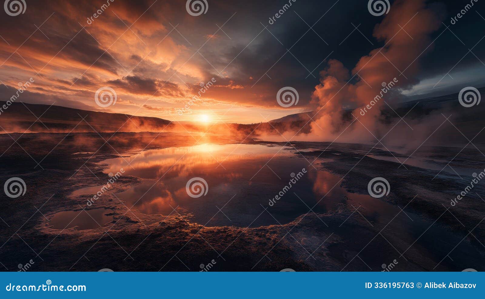 Dramatic Sunset Over Geothermal Hot Springs with Reflective Clouds and ...