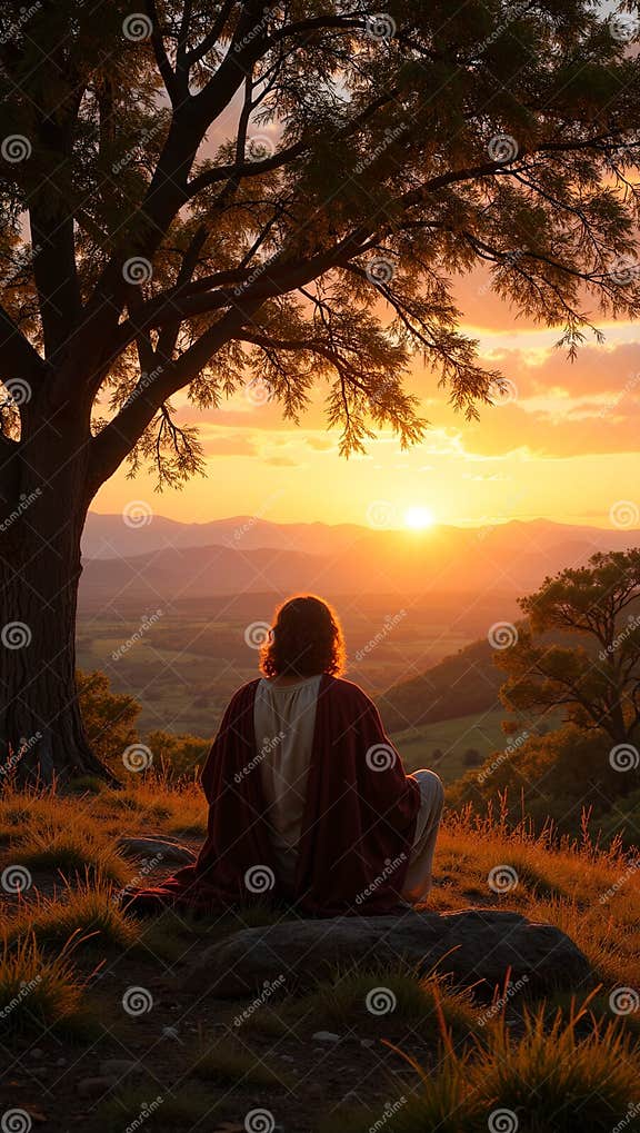 Dramatic Sunset Over Lone Figure Under Tree in Wilderness Stock ...