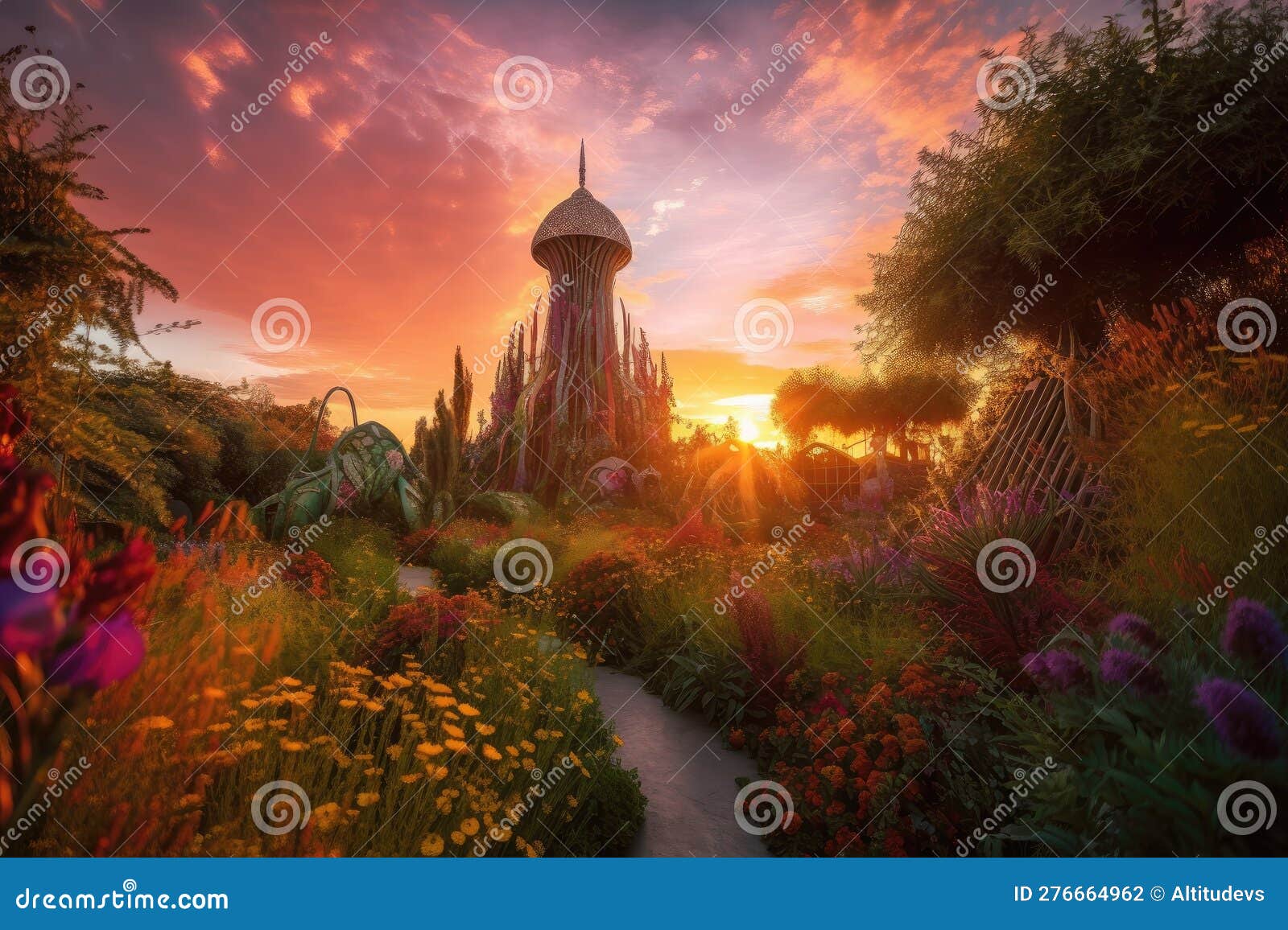 Dramatic Sunset Over Psychedelic Garden, with Towering Plants and ...