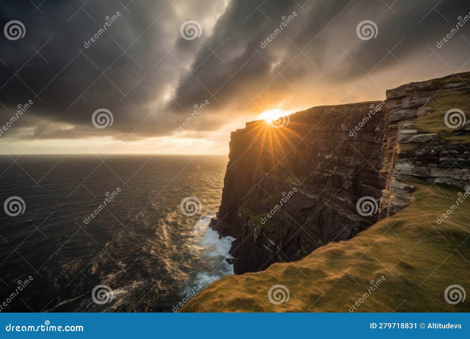 Dramatic Sunset Over a Rugged Coastal Cliff, with the Sun Peeking Out ... Dramatic Sunset Over a Rugged Coastal Cliff, with the Sun Peeking Out ...
