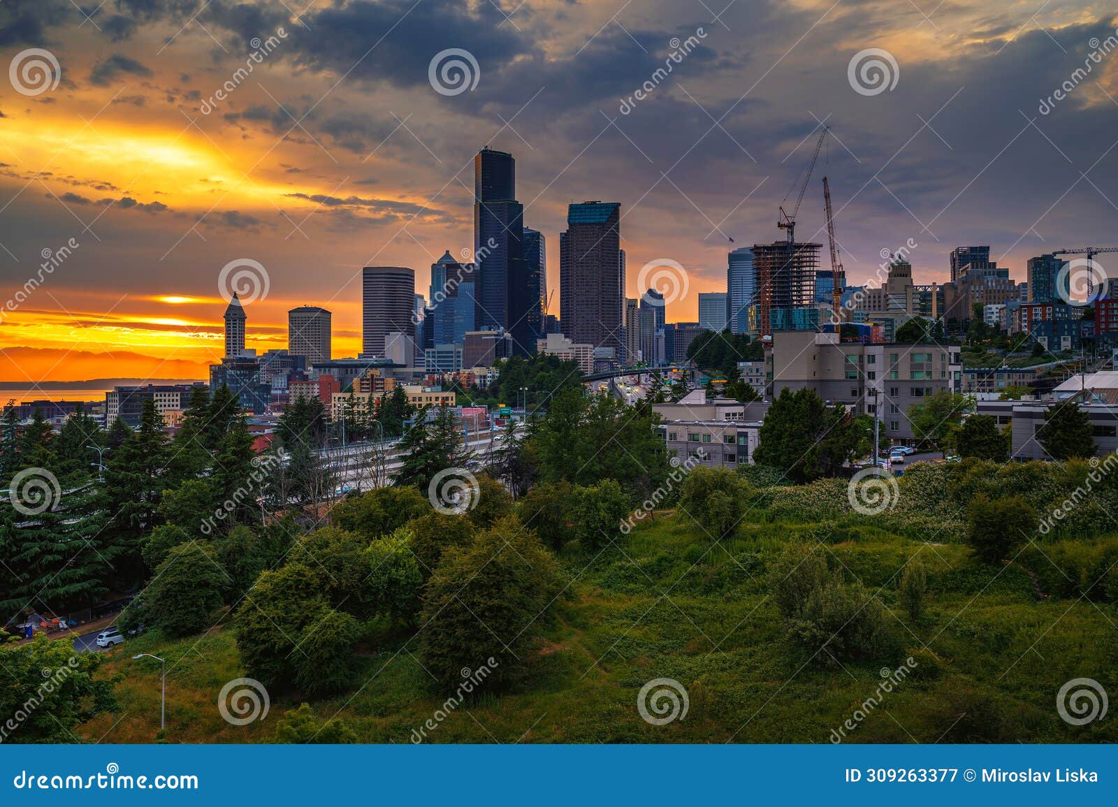 Dramatic Sunset Over Seattle Skyline with Visible Greenery in the ...
