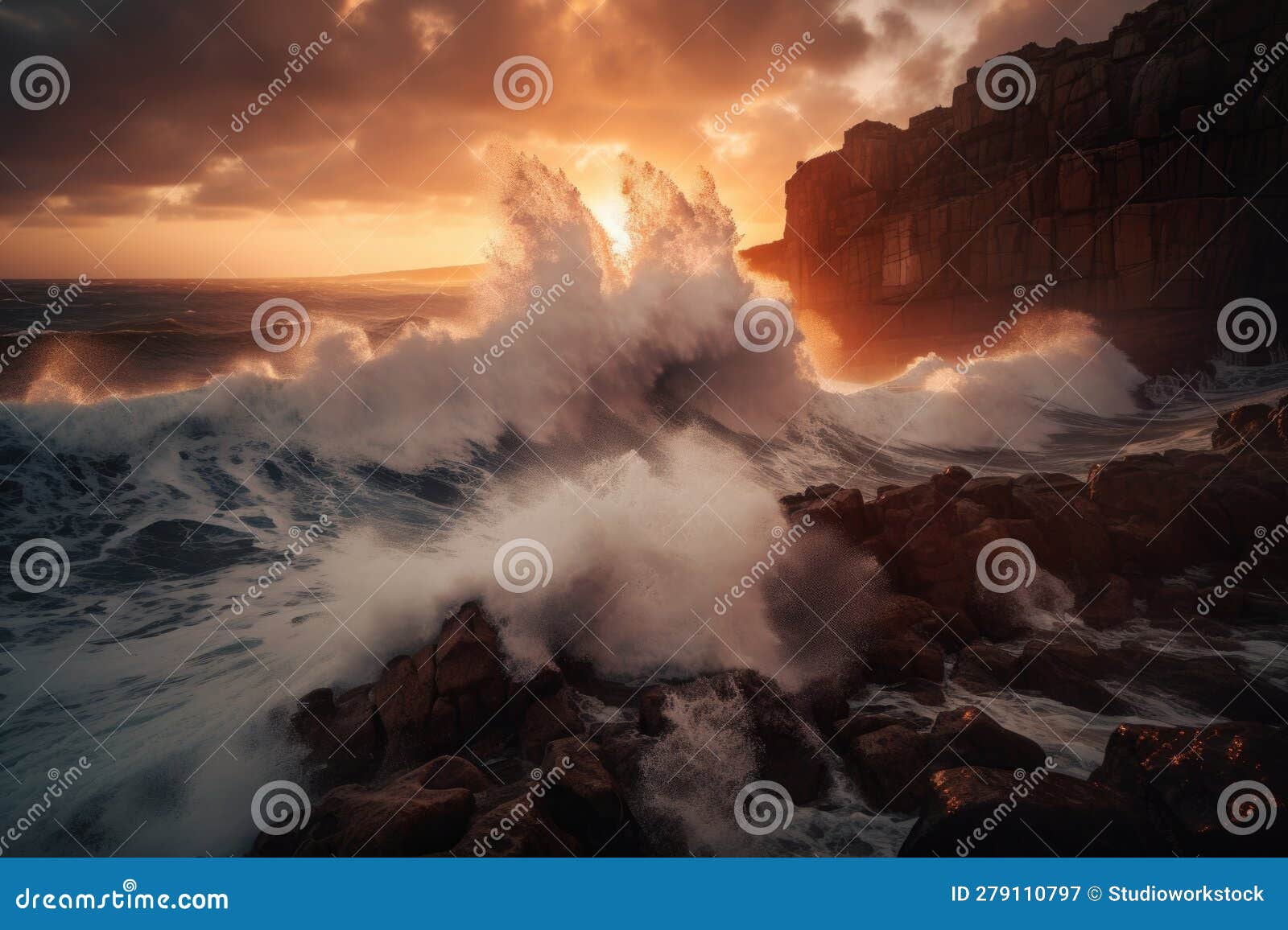 Dramatic Sunset Over Towering Cliffs, with Waves Crashing Against the ...