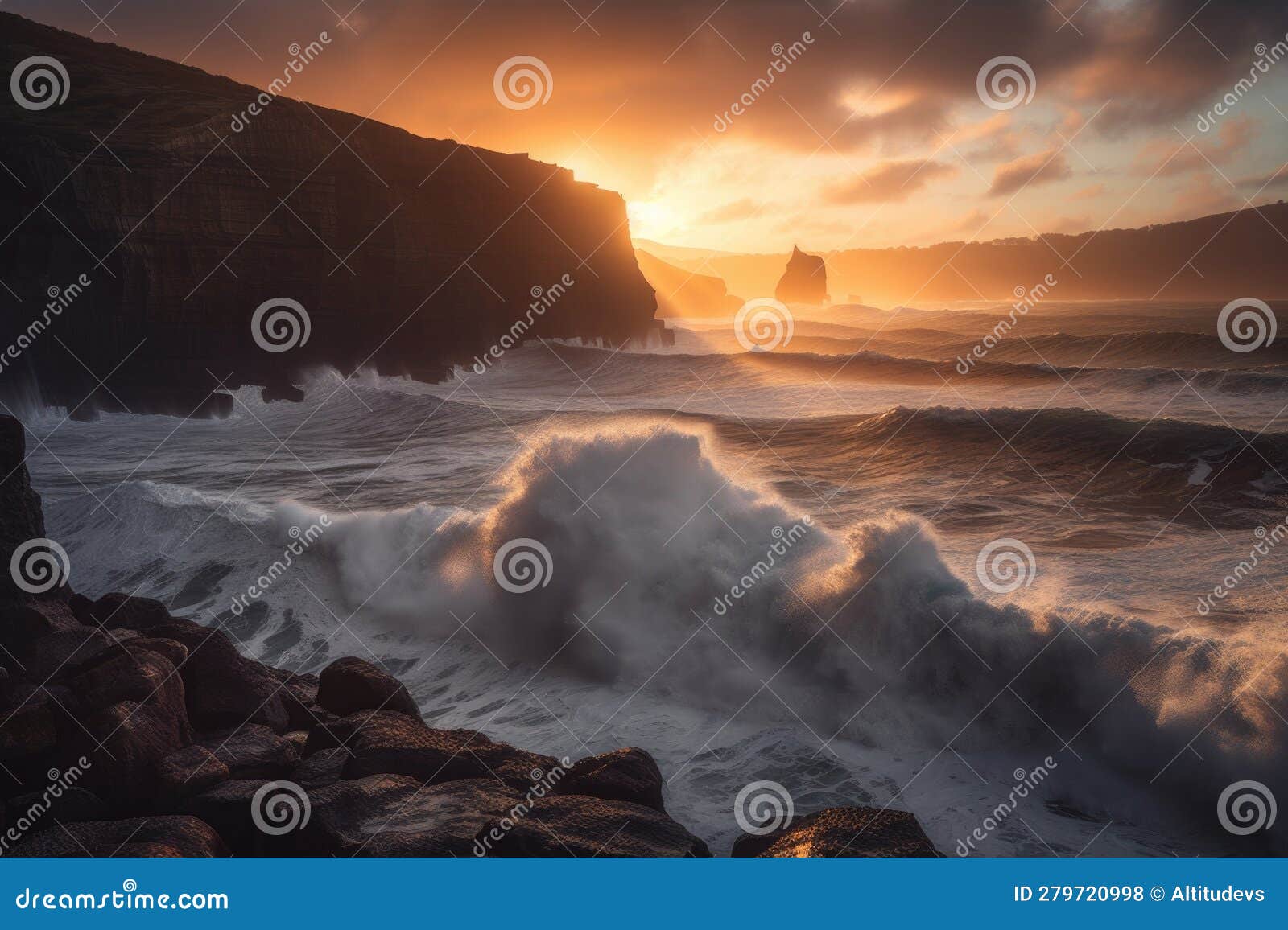 Dramatic Sunset Over Towering Cliffs, with Waves Crashing Against the ...